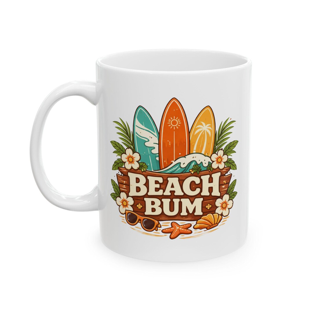 Beach Bum Mug Surf & Seashells Coastal Coffee Cup, Summer Beach Lover ...