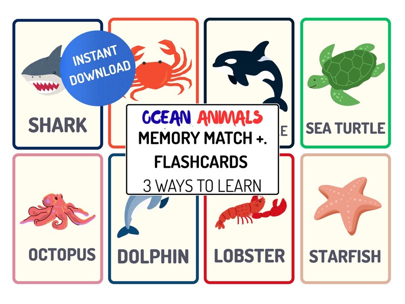 Ocean Animal Flashcards & Matching Game Printable | Preschool Learning ...