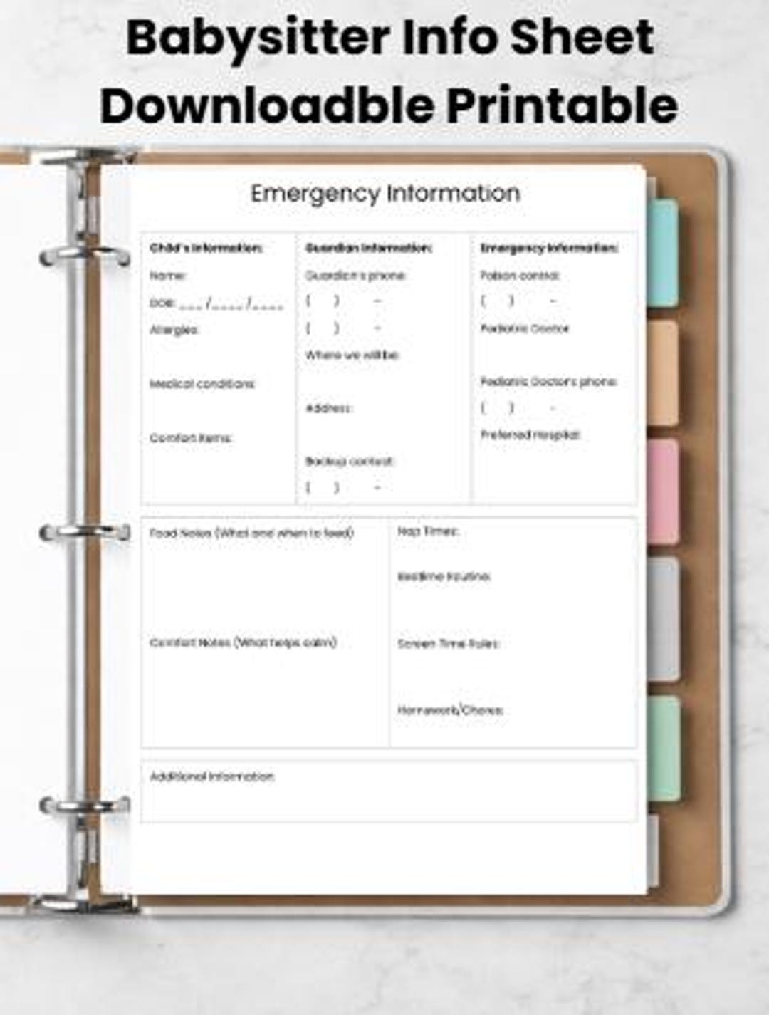 Babysitter Emergency Info Printable | Child Emergency Contact Form ...