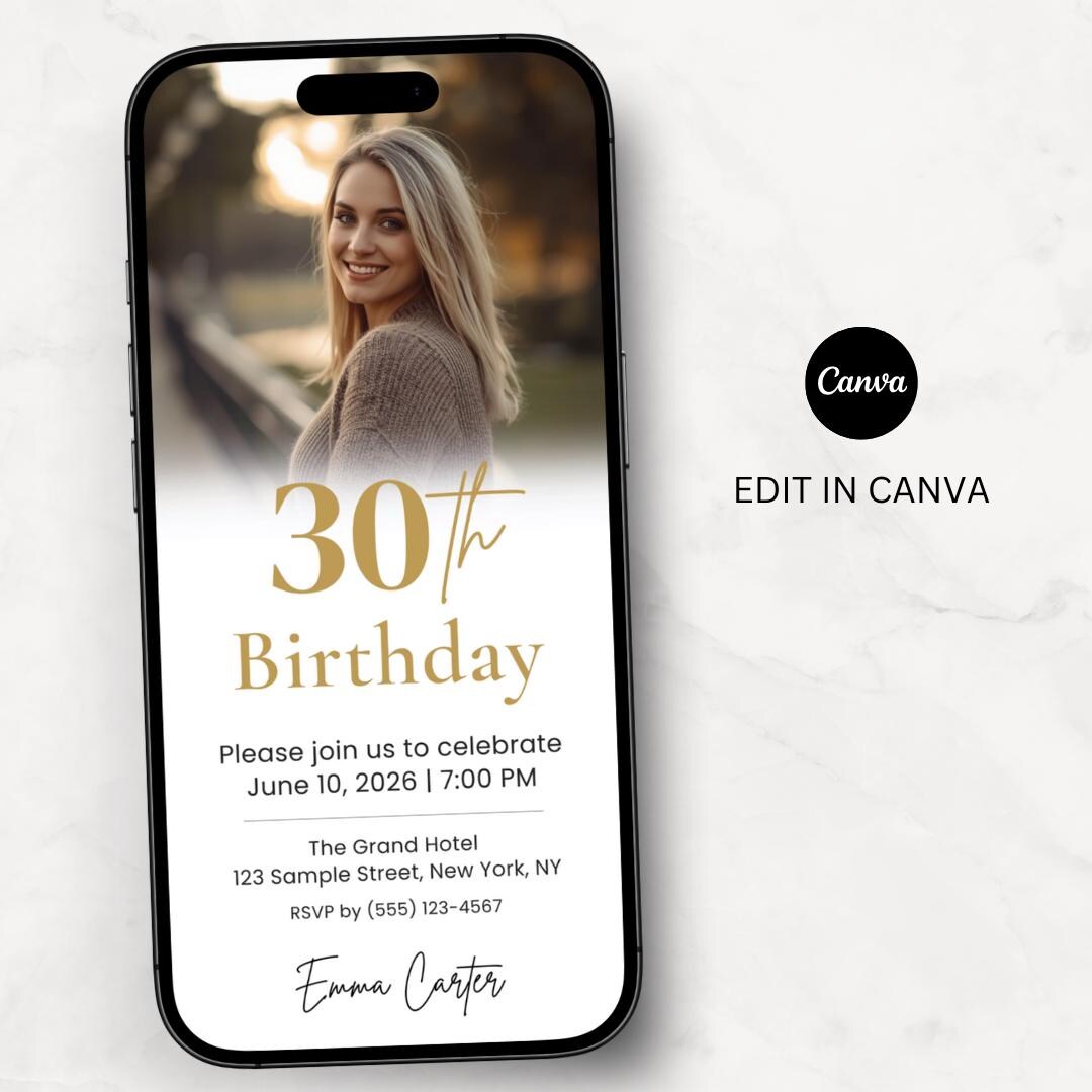 Editable 30th Birthday Invitation With Photo | Animated Canva Template ...