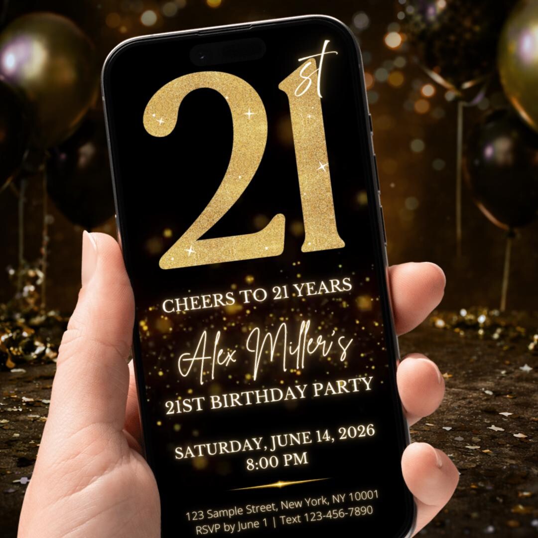 Editable 21st Birthday Party Invitation | Black & Gold Animated Canva ...