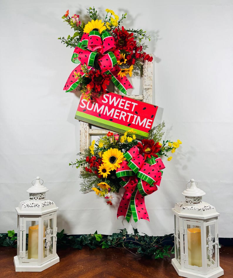 Farmhouse Watermelon Wreath: Rustic Window Frame Decor With Sunflowers ...