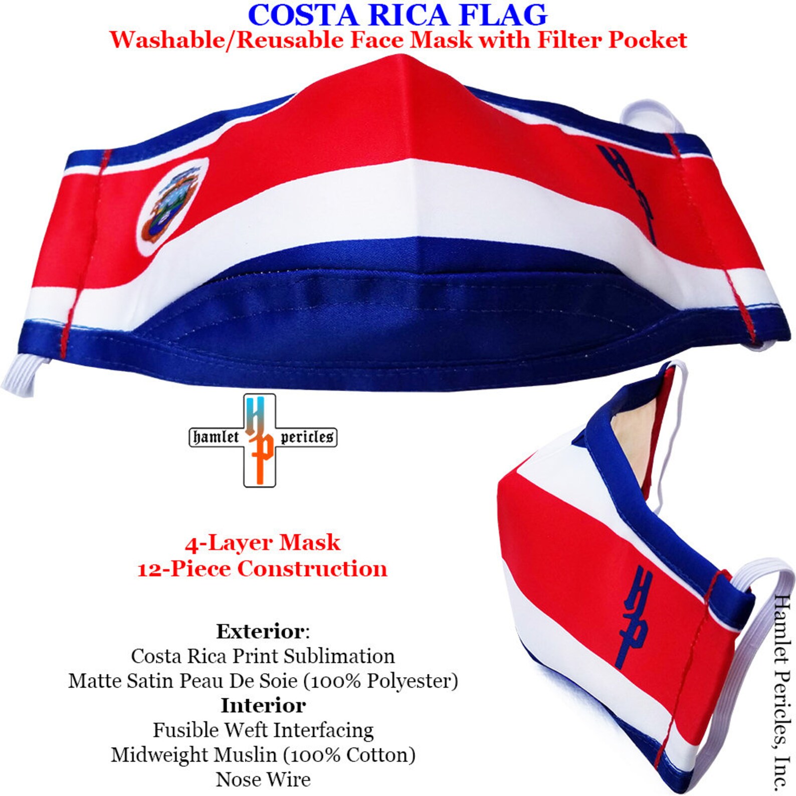 Costa Rica Flag Face Mask W/ Filter Pocket Costa Rican - Etsy
