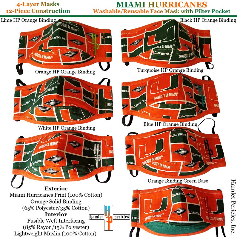 Miami Hurricanes Face Masks W/ Filter Pocket UM Mask University of ...