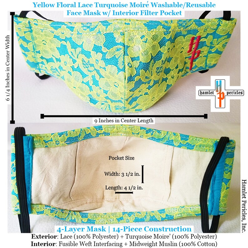 Yellow Floral Lace Turquoise Moiré Face Mask 4 Layer Mask | Etsy