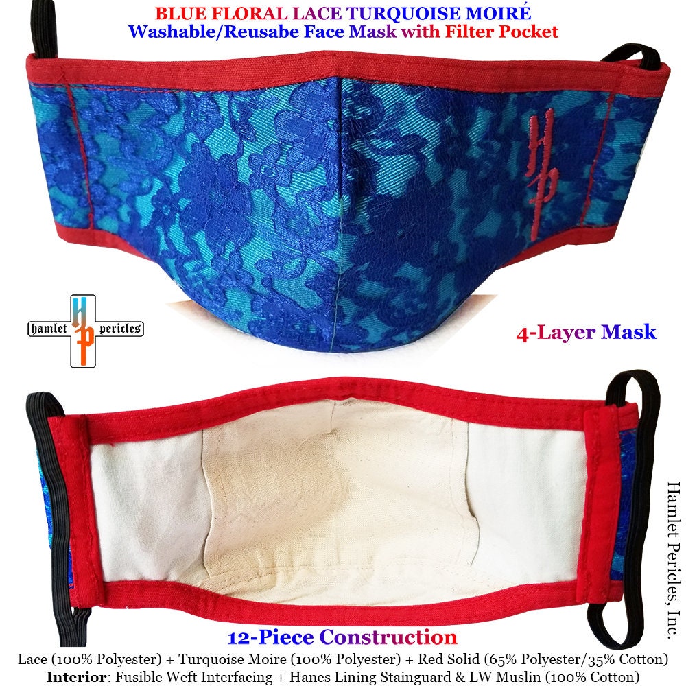 Blue Floral Lace Turquoise Moiré Face Mask 4 Layer Mask - Etsy