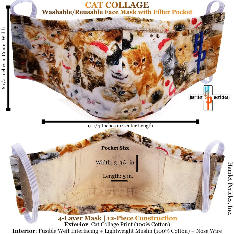 Cat Collage Face Mask Cats and Kittens Print Mask Animal Print Mask 4 ...