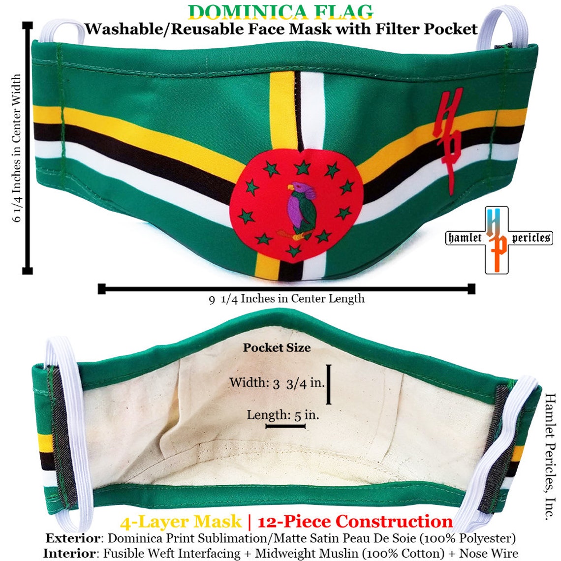 Dominica Flag Face Mask W/ Filter Pocket Dominican Mask Reusable Cotton ...