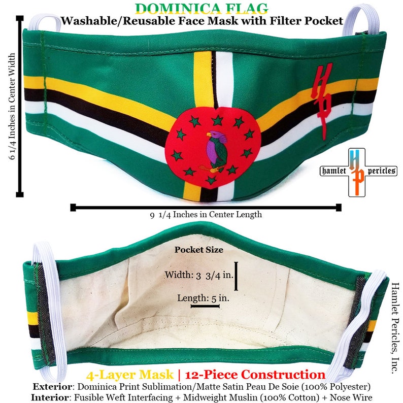 Dominica Flag Face Mask W/ Filter Pocket Dominican Mask Reusable Cotton ...