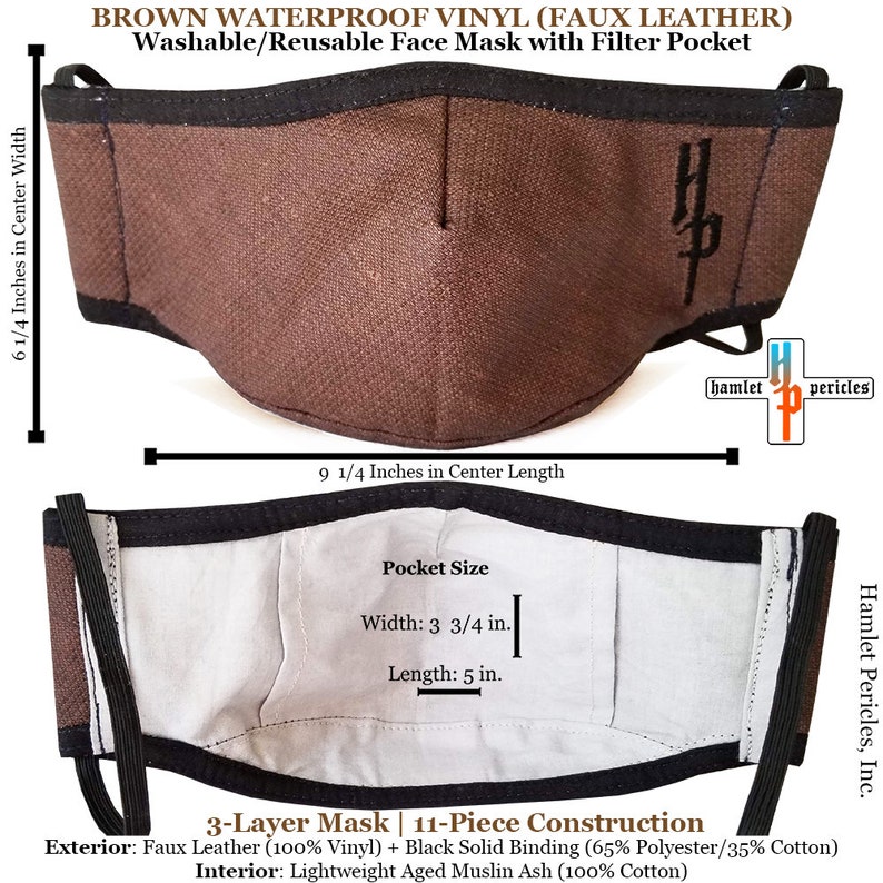 Brown Waterproof Vinyl Face Mask W/ Interior Pocket for Filter - Etsy