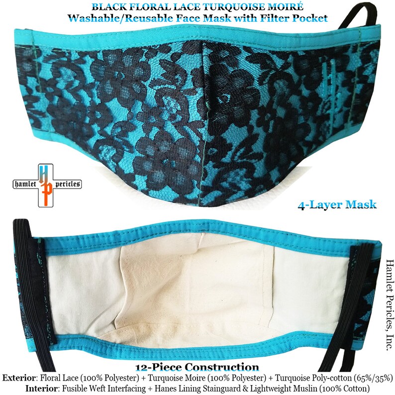 Black Floral Lace Turquoise Moiré Face Mask 4 Layer Mask - Etsy