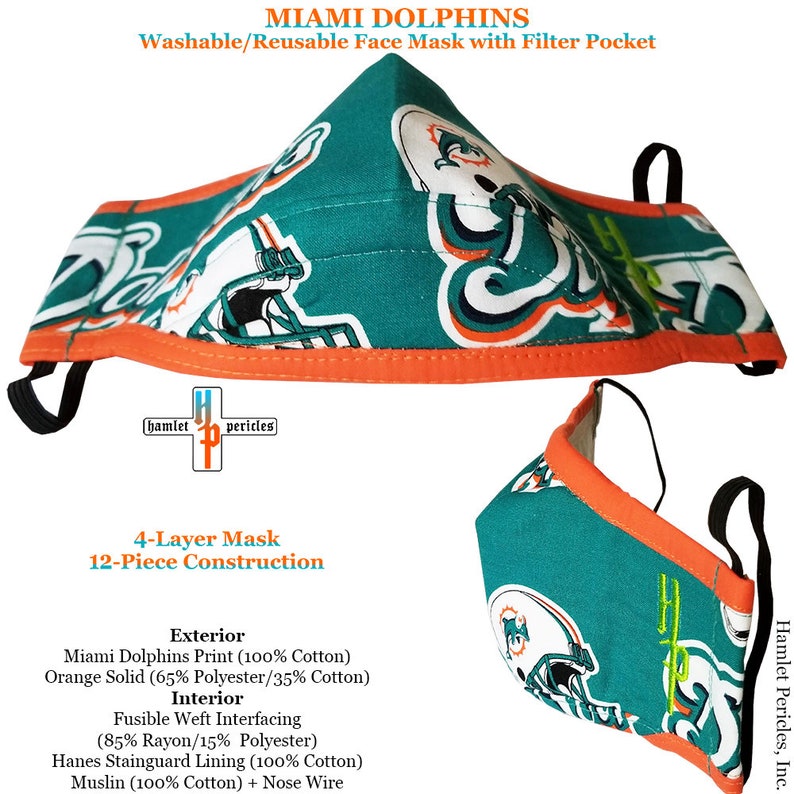 Miami Dolphins Face Masks W/ Filter Pocket Dolphins Face Mask Cotton ...