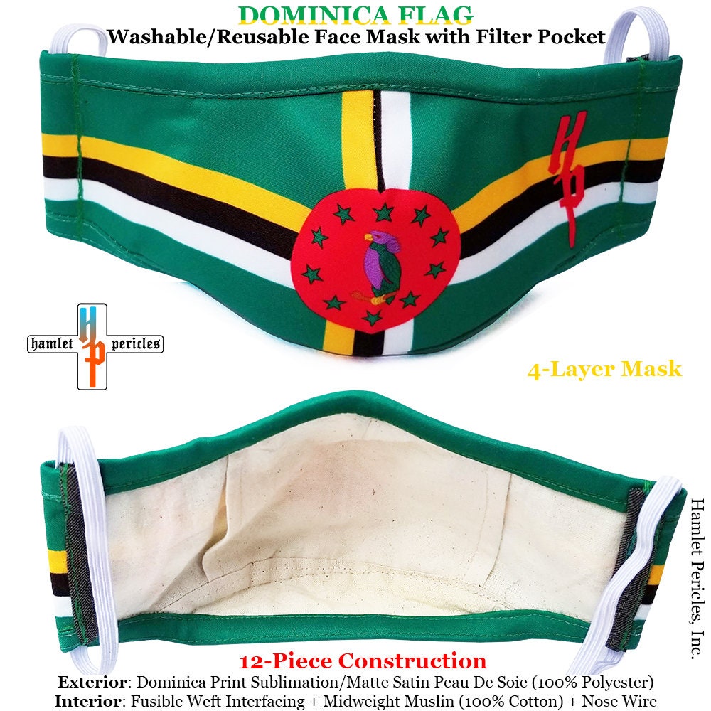 Dominica Flag Face Mask W/ Filter Pocket Dominican Mask Reusable Cotton ...