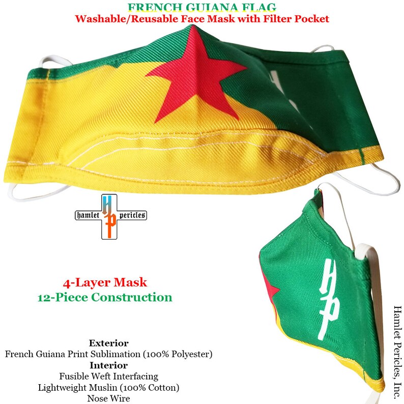 French Guiana Flag Face Mask W/ Filter Pocket Guianan Mask Washable ...