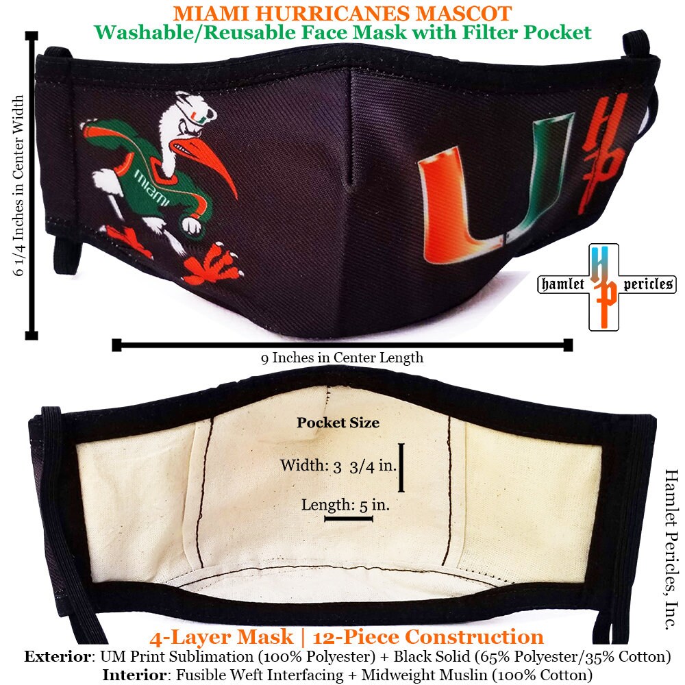 Miami Hurricanes Face Masks w/ Filter Pocket University of | Etsy