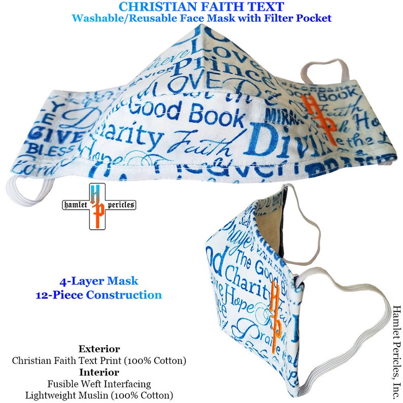 Christian Faith Blue Text Face Mask | Words Text Mask | 4 Layer Cotton ...