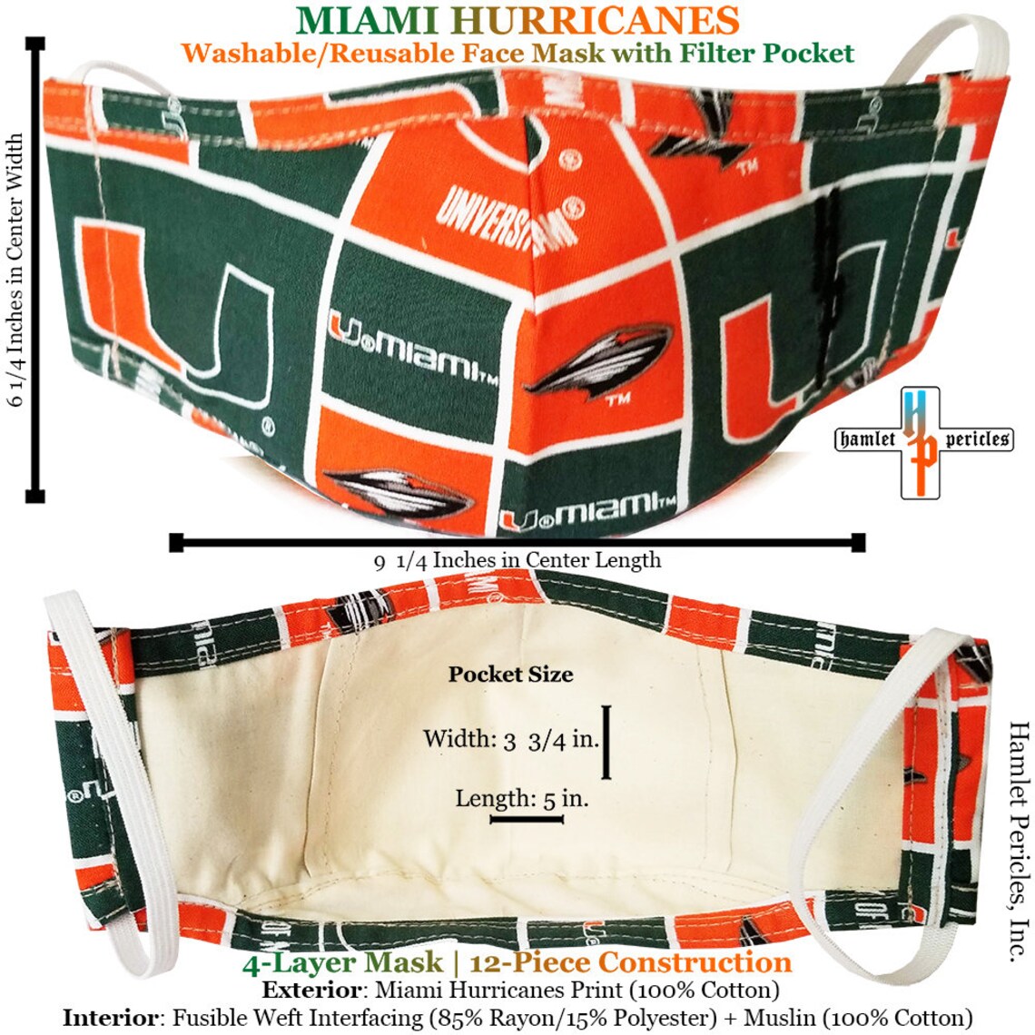 Miami Hurricanes Face Masks W/ Filter Pocket UM Mask - Etsy