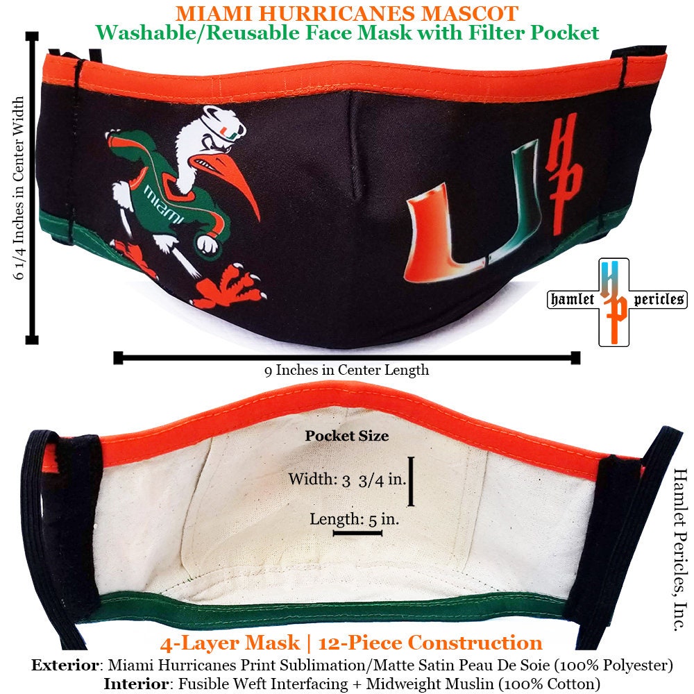 Miami Hurricanes Face Masks w/ Filter Pocket University of | Etsy