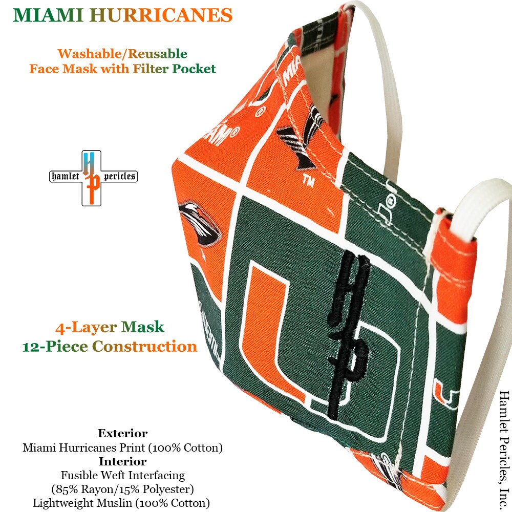 Miami Hurricanes Face Masks W/ Filter Pocket UM Mask University of ...