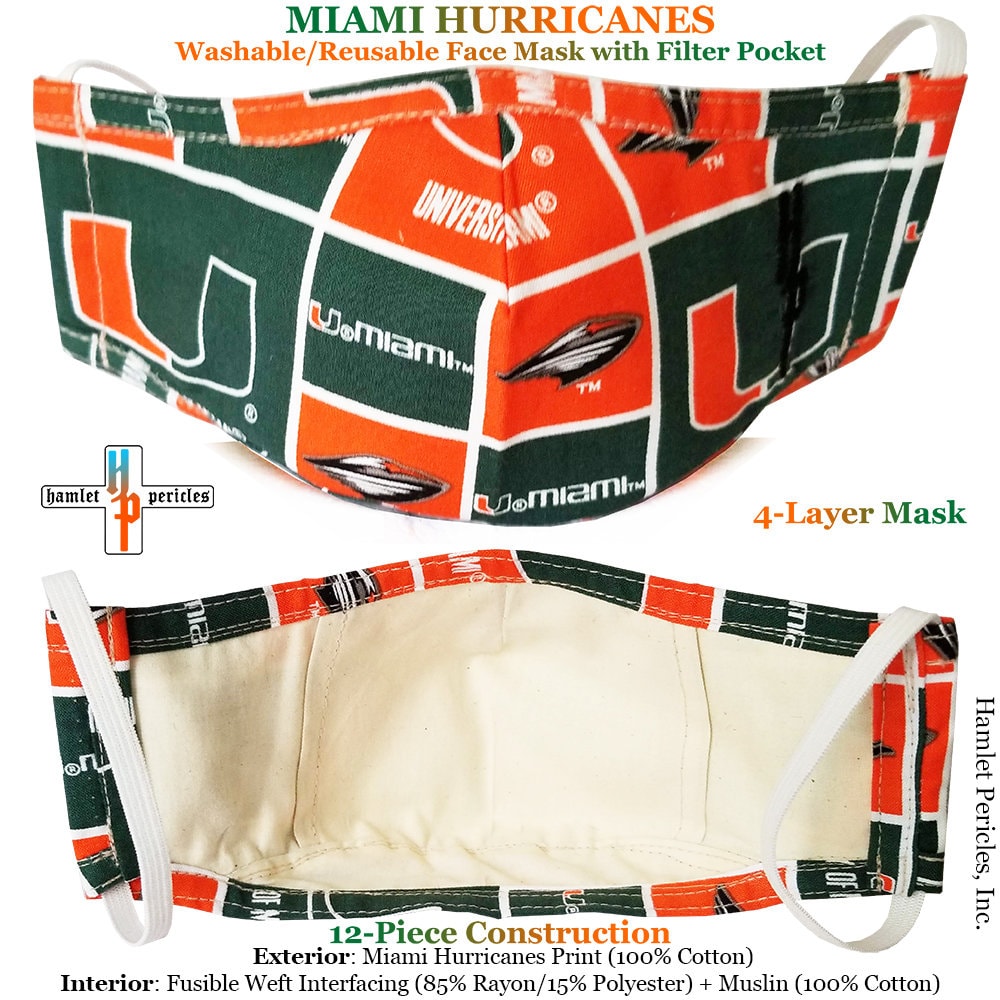 Miami Hurricanes Face Masks W/ Filter Pocket | UM Mask | University of ...