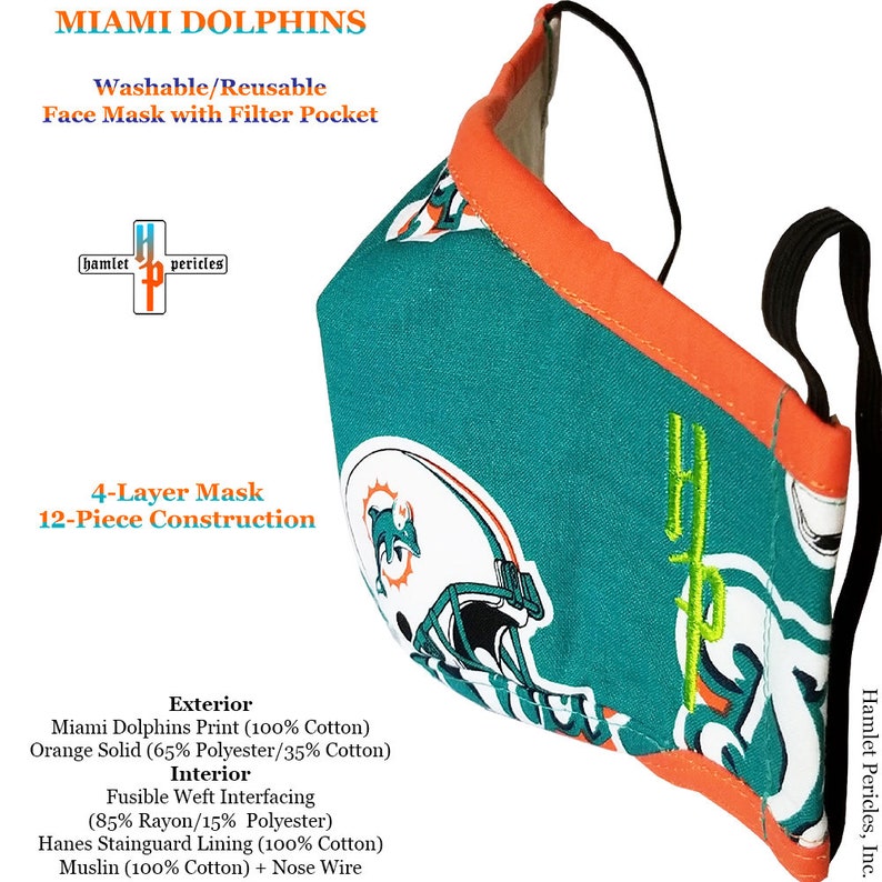 Miami Dolphins Face Masks W/ Filter Pocket Dolphins Face Mask Cotton ...