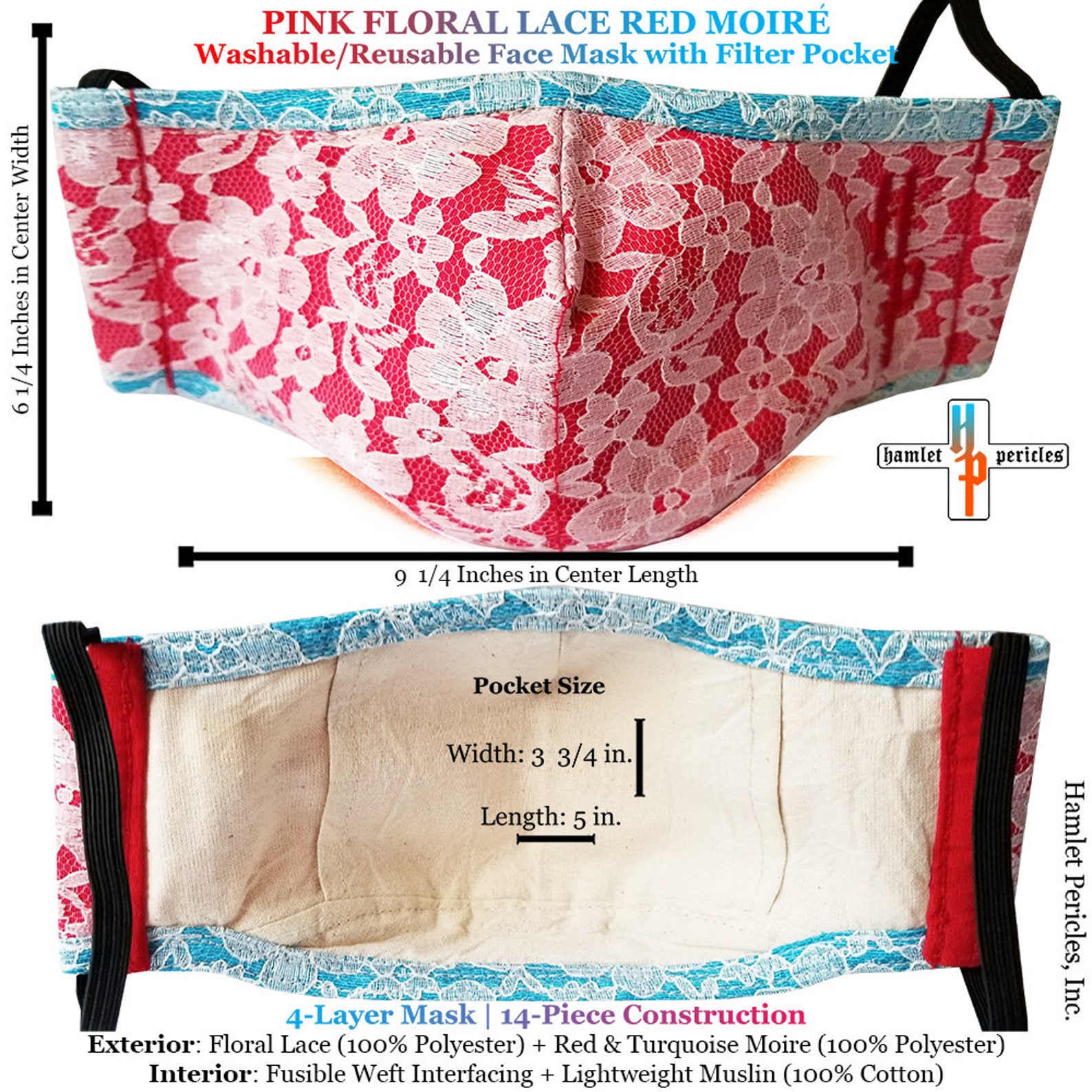 Pink Floral Lace Red Moiré Face Mask | 4 Layer Mask | Women's Wedding ...