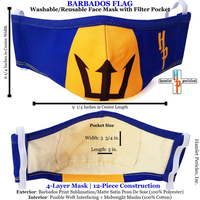 Barbados Flag Face Mask W/ Filter Pocket | Barbadian Reusable Cotton ...