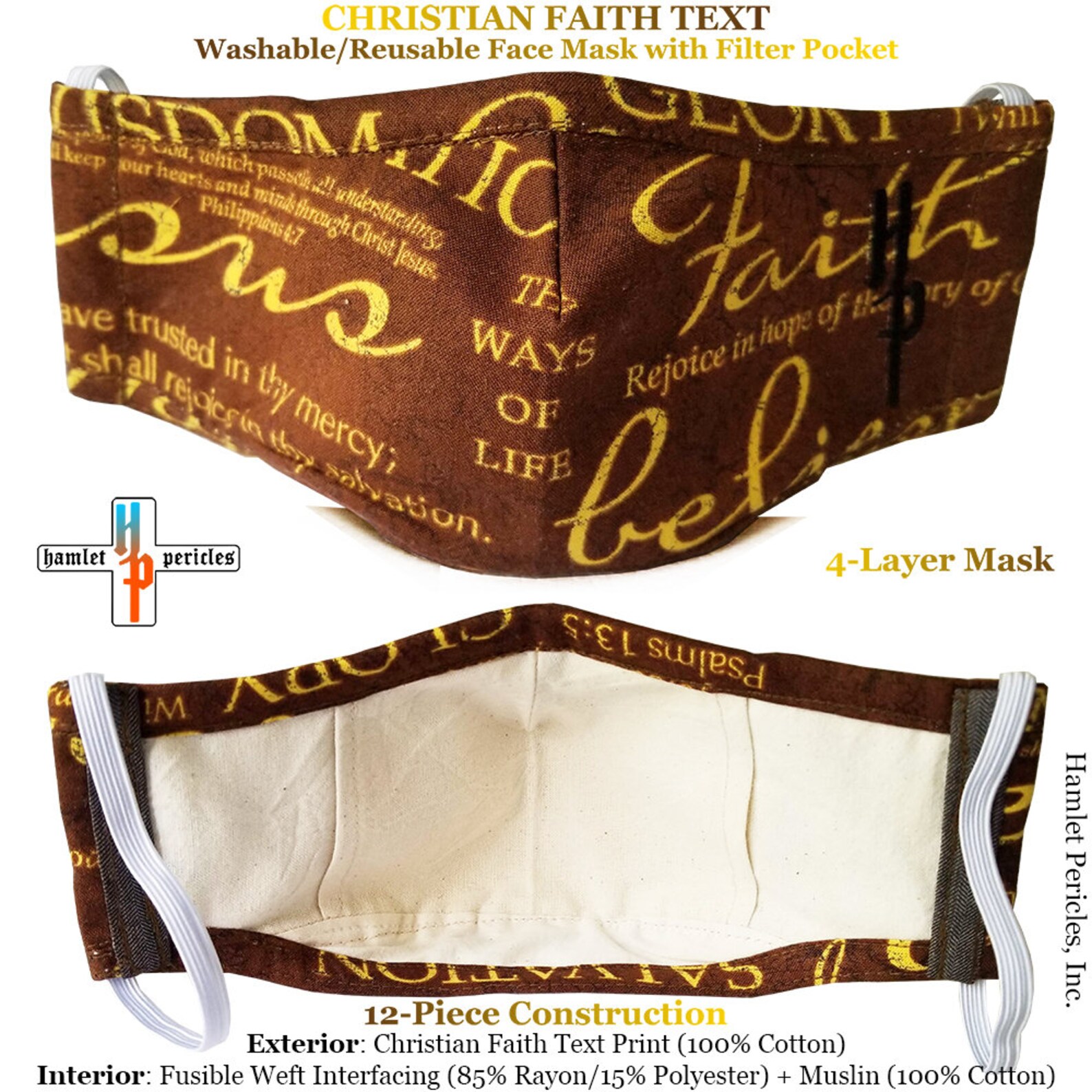 Christian Faith Brown Text Face Mask Words Text Mask 4 Layer Cotton ...