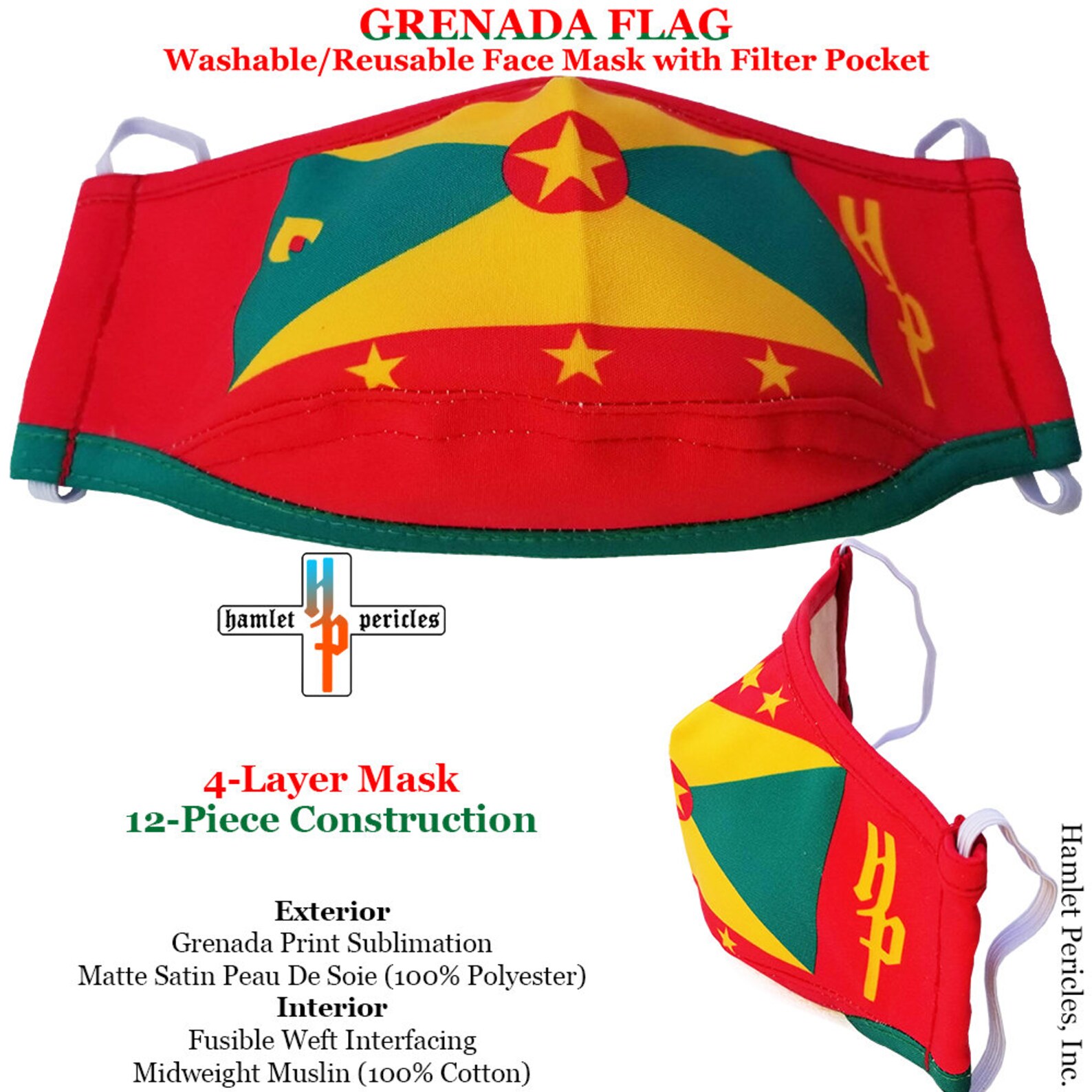 Grenada Flag Face Mask W/ Filter Pocket | Grenadian Reusable Cotton Interior Mask | 4-layer Mask ...
