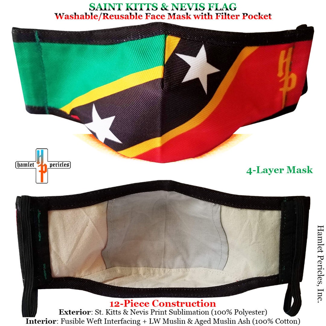 Saint Kitts and Nevis Flag Face Mask W/ Filter Pocket Reusable Cotton ...