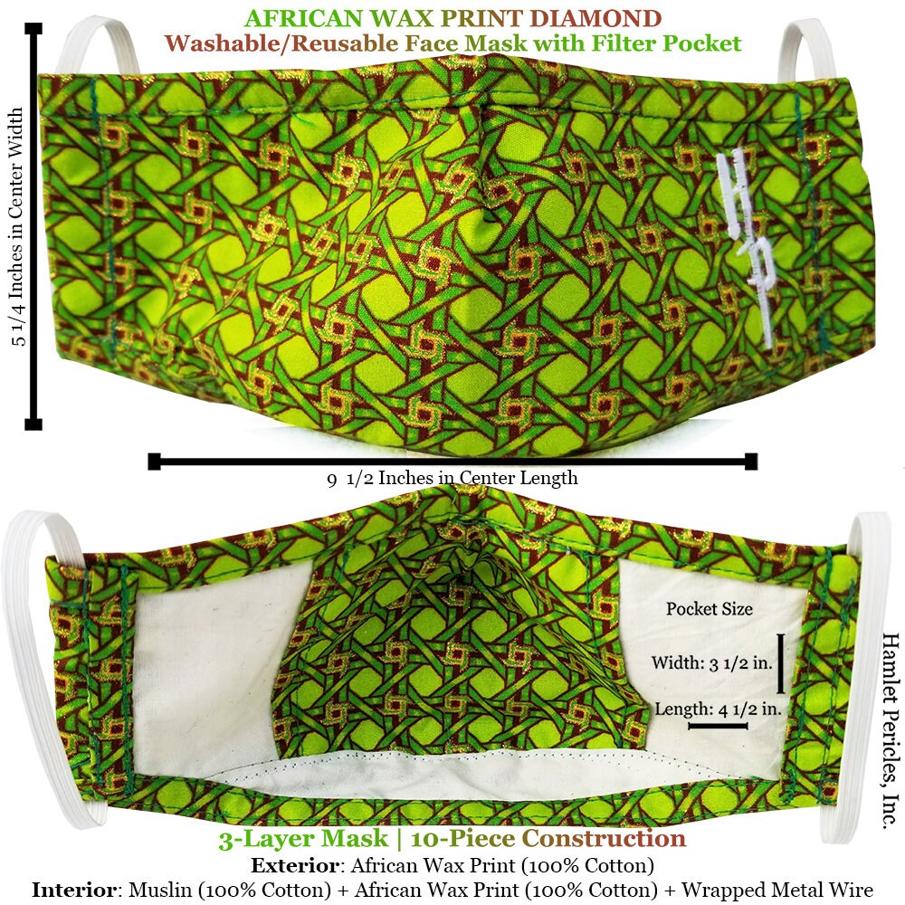 African Wax Print Diamond Unisex Face Mask W/ Filter Pocket African ...