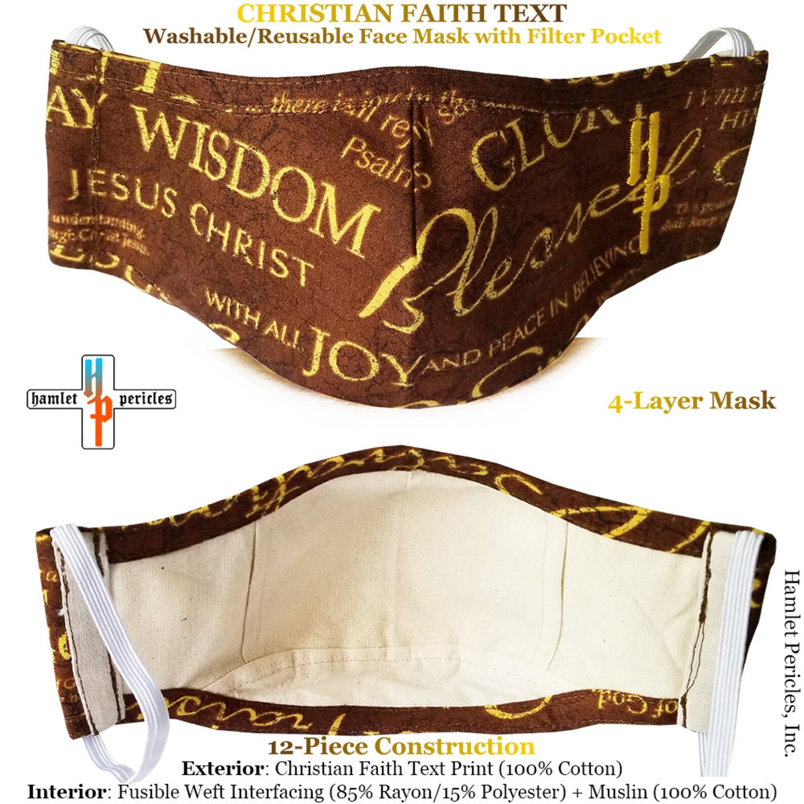 Christian Faith Brown Text Face Mask Words Text Mask 4 Layer Cotton ...