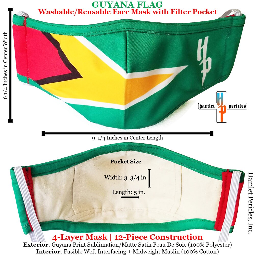 Guyana Flag Face Mask W/ Filter Pocket Guyanese Mask Reusable Cotton ...