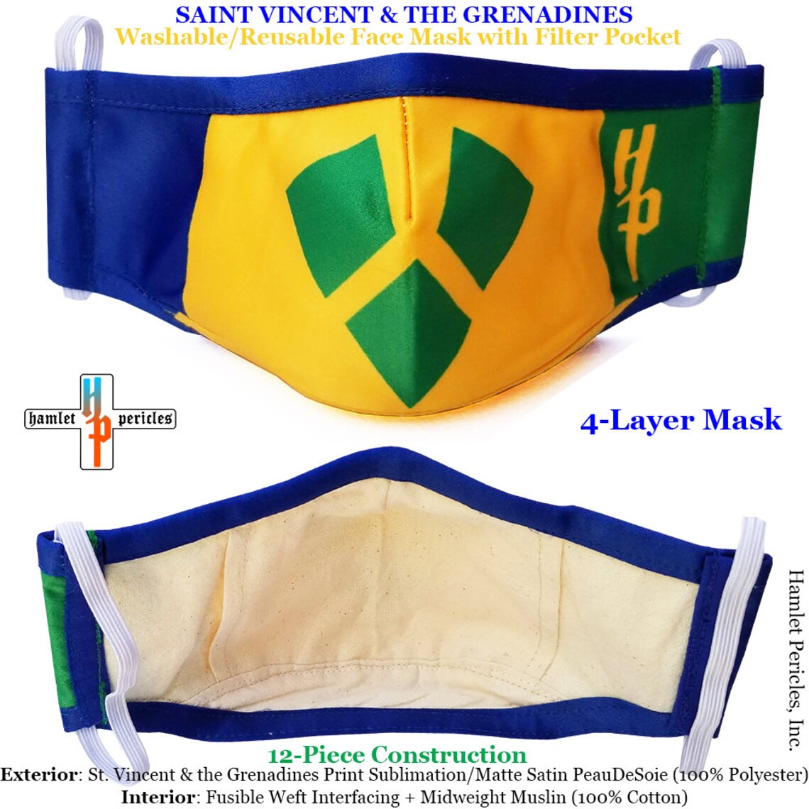 St. Vincent & Grenadines Flag Face Mask | Reusable Cotton, Filter ...