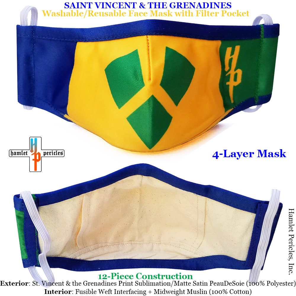 Saint Vincent & the Grenadines Flag Face Mask W/ Filter Pocket Reusable ...