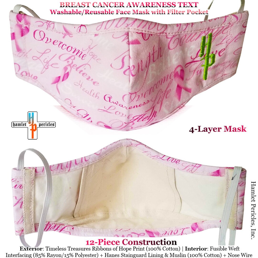 Breast Cancer Awareness Text Face Masks W/ Interior Pocket for Filter ...