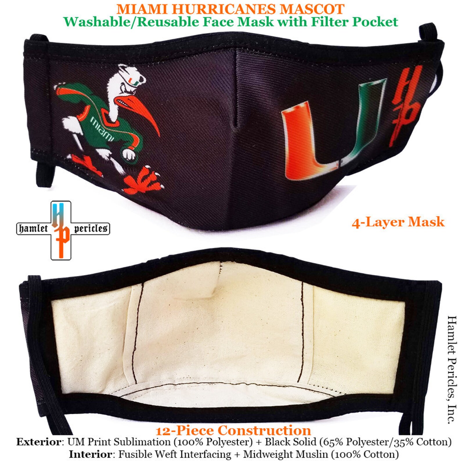 Miami Hurricanes Face Masks W/ Filter Pocket University of - Etsy