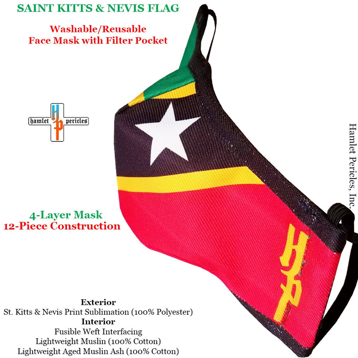 Saint Kitts and Nevis Flag Face Mask W/ Filter Pocket Reusable Cotton ...