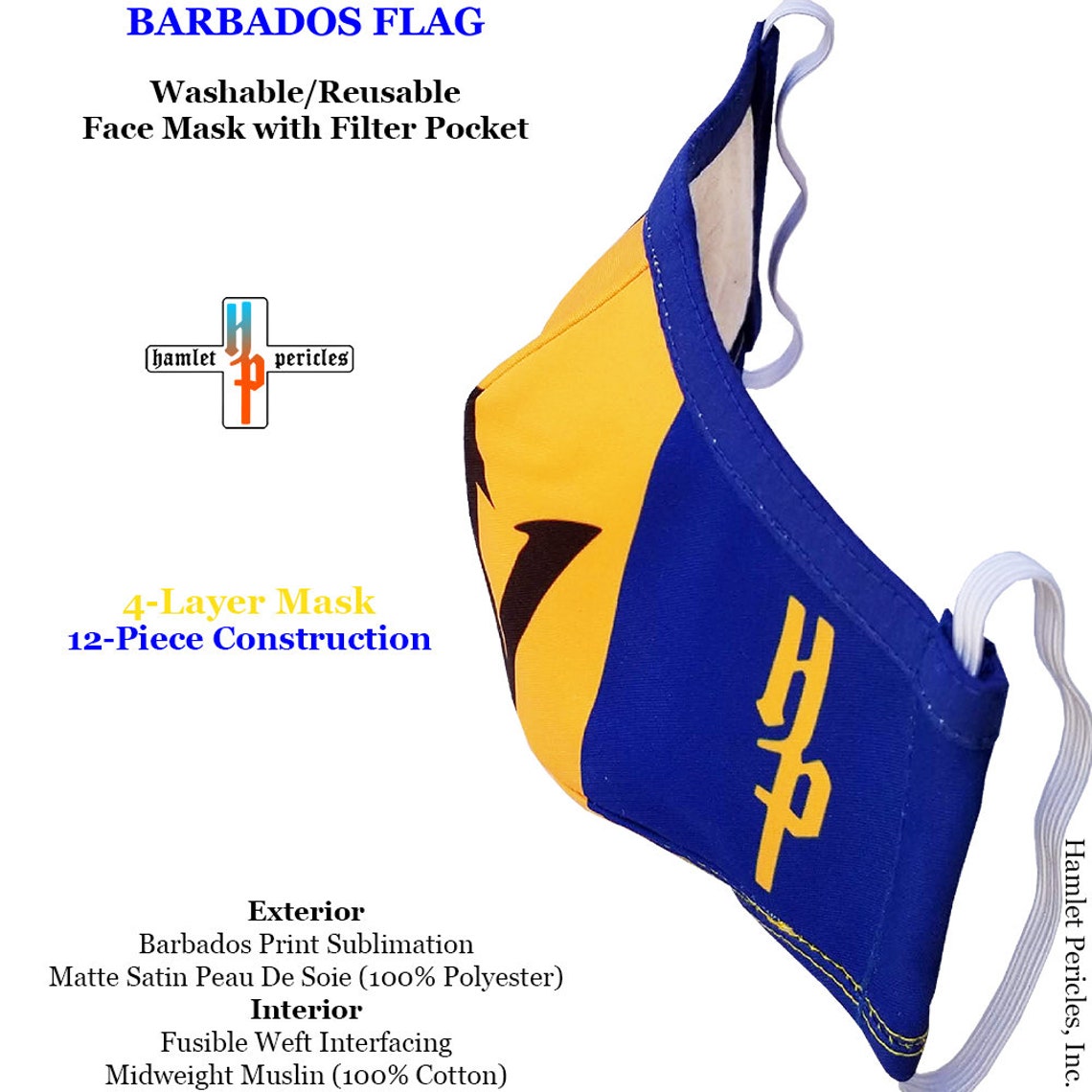 Barbados Flag Face Mask W/ Filter Pocket | Barbadian Reusable Cotton ...
