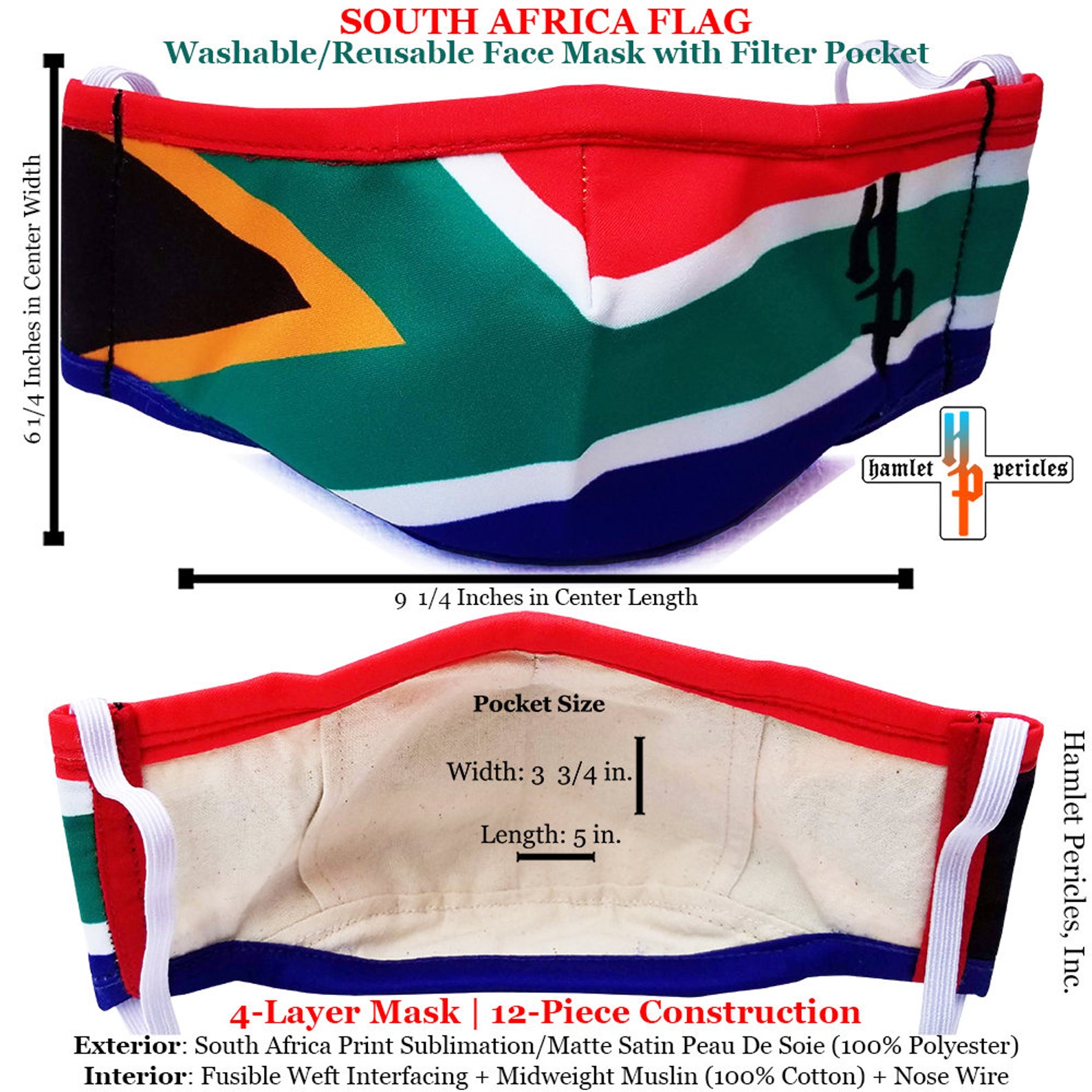 South Africa Flag Face Mask W/ Filter Pocket | South African Mask ...