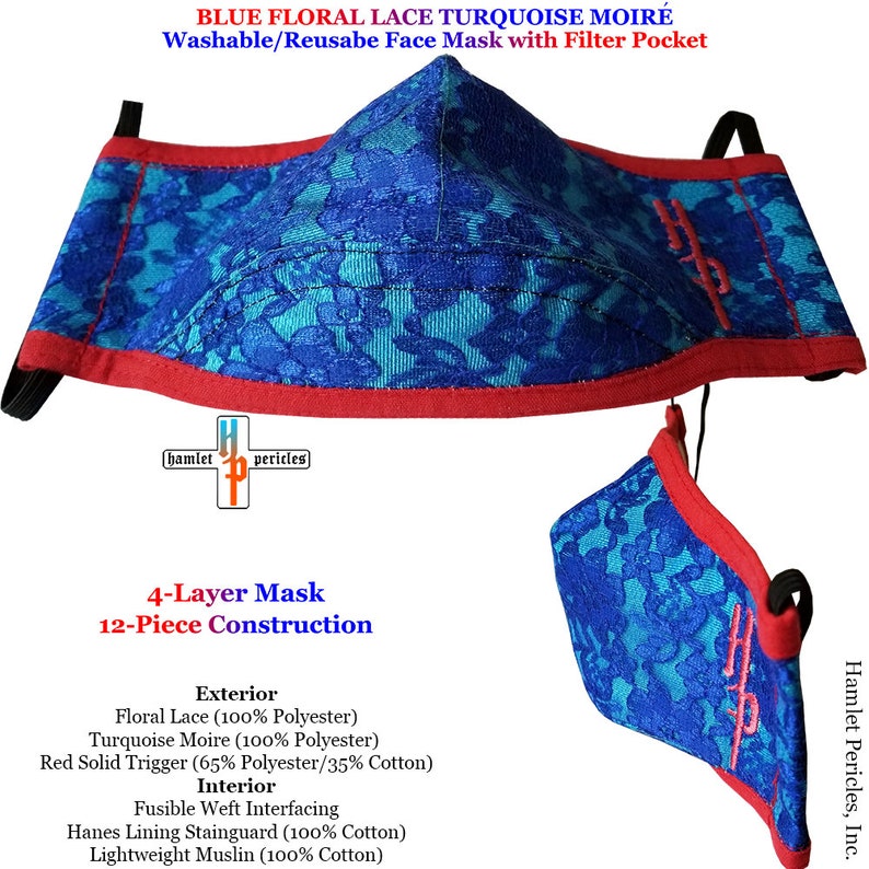 Blue Floral Lace Turquoise Moiré Face Mask 4 Layer Mask - Etsy