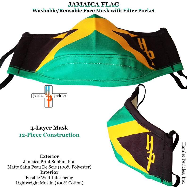 Jamaica Flag Face Mask W/ Interior Filter Pocket | Reusable Cotton ...
