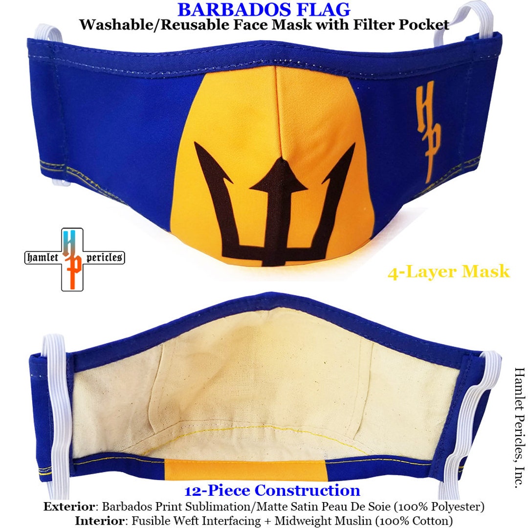 Barbados Flag Face Mask W/ Filter Pocket | Barbadian Reusable Cotton ...