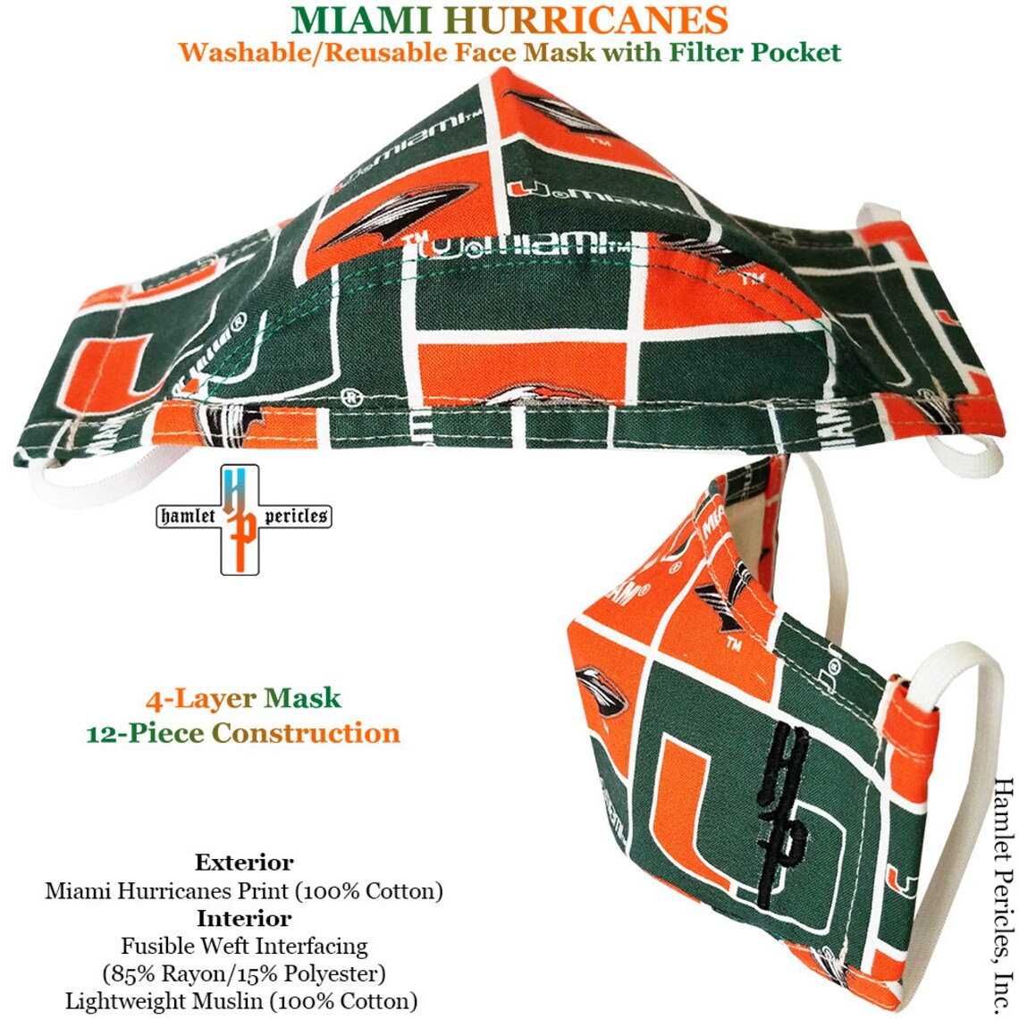 Miami Hurricanes Face Masks W/ Filter Pocket UM Mask - Etsy