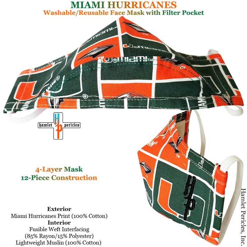 Miami Hurricanes Face Masks W/ Filter Pocket UM Mask University of ...