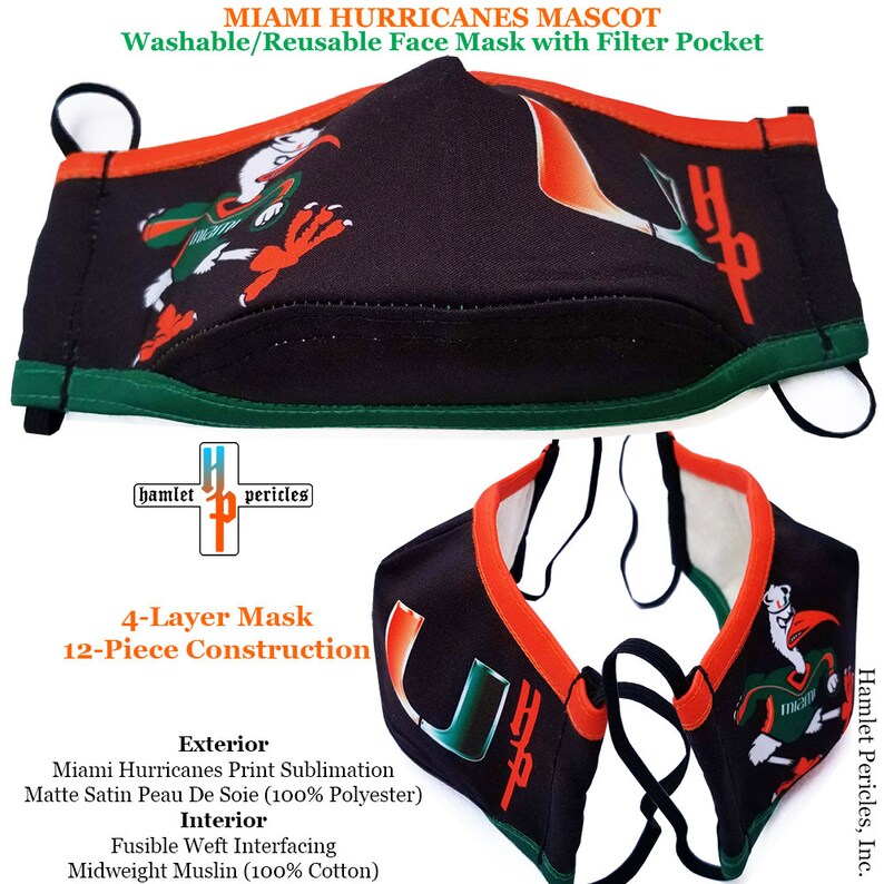 Miami Hurricanes Face Masks W/ Filter Pocket University of - Etsy
