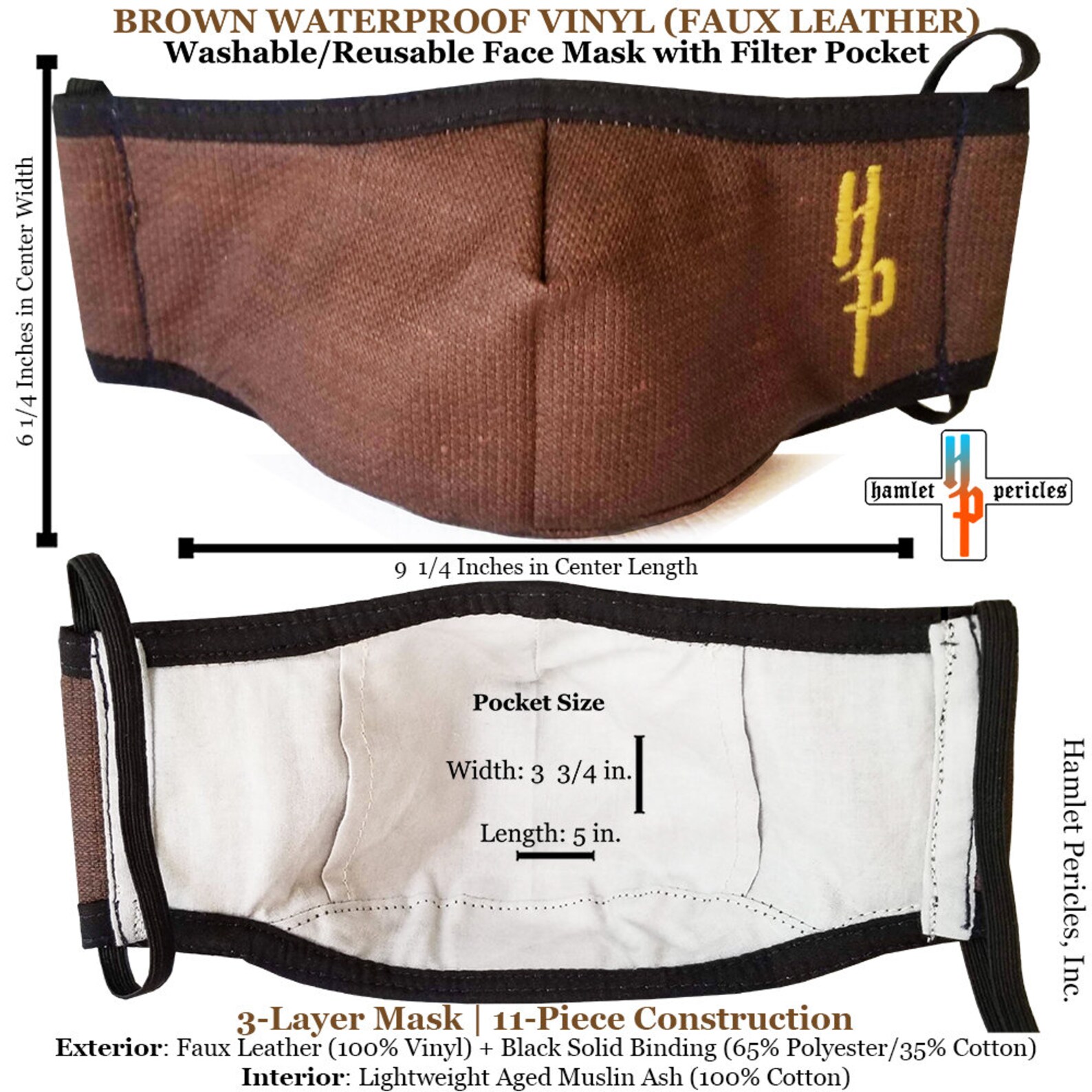 Brown Waterproof Vinyl Face Mask W/ Interior Pocket for Filter - Etsy