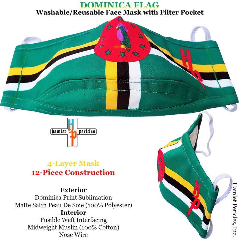 Dominica Flag Face Mask W/ Filter Pocket Dominican Mask Reusable Cotton ...