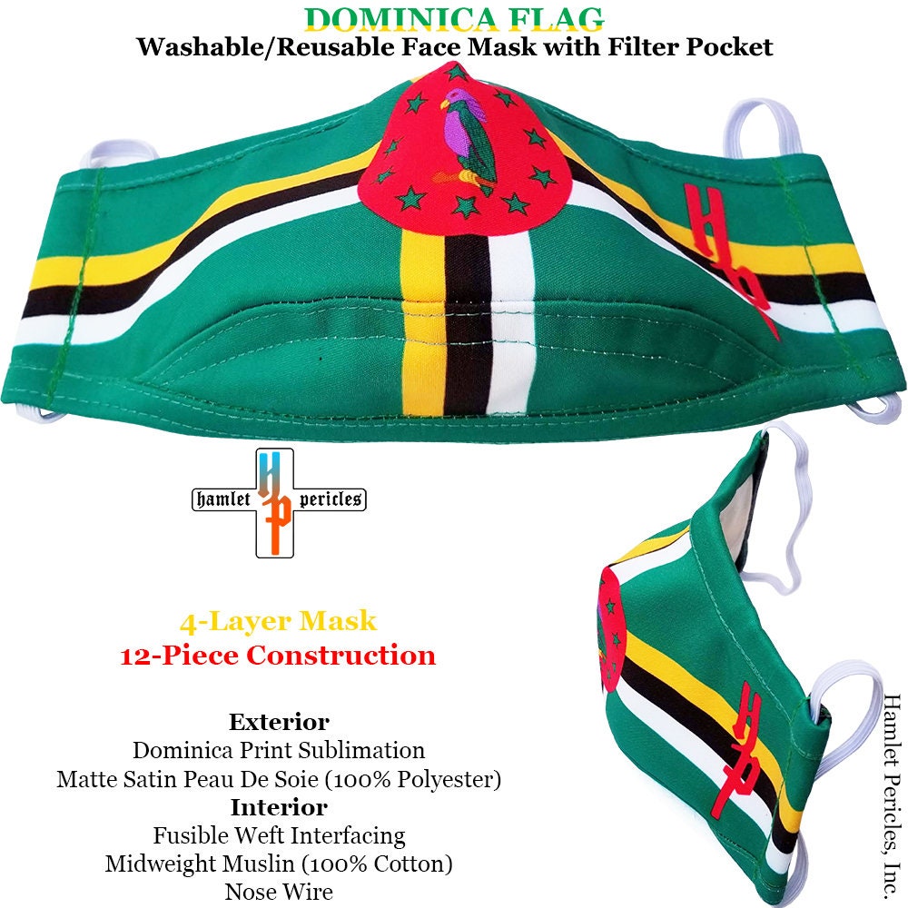Dominica Flag Face Mask W/ Filter Pocket Dominican Mask Reusable Cotton ...