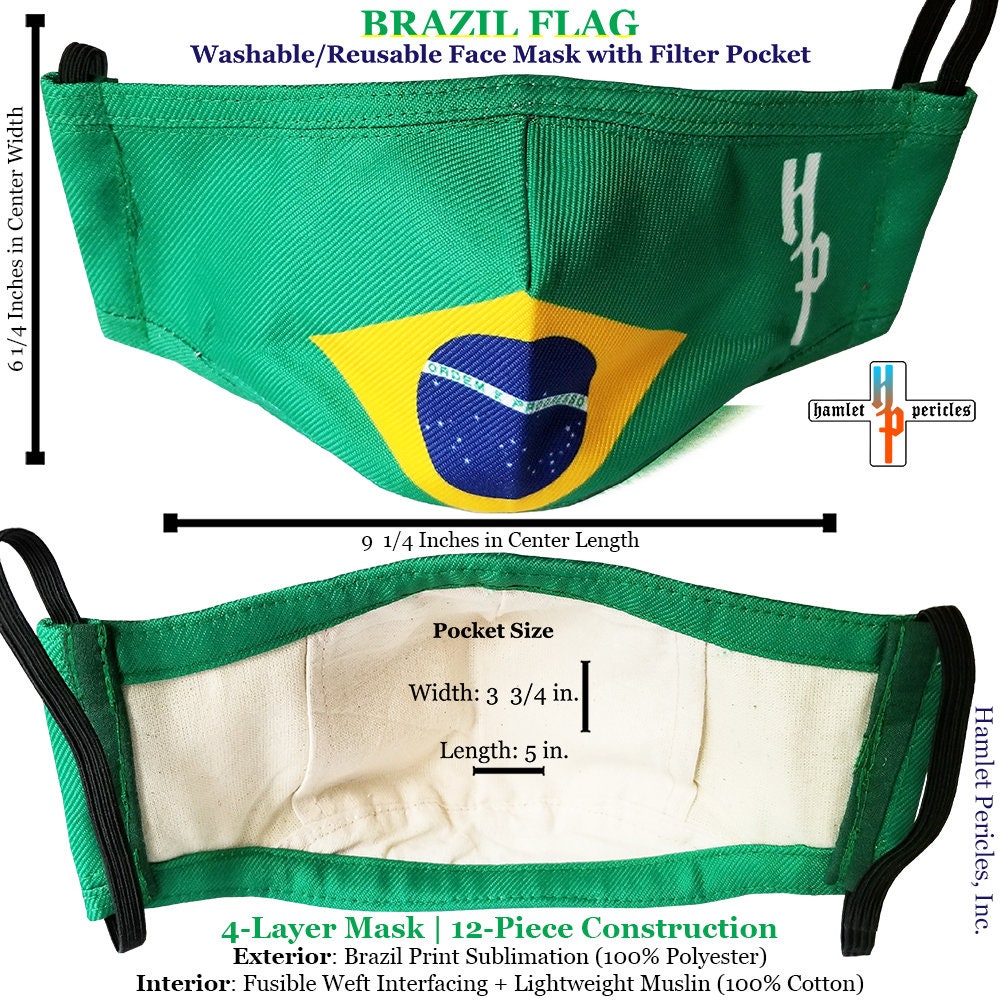 Brazil Flag Face Mask W/interior Filter Pocket | Brazilian Mask ...